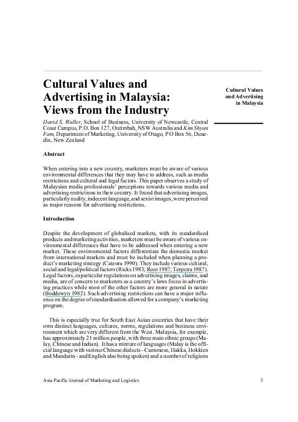 (PDF) Cultural values and advertising in Malaysia: views from the industry