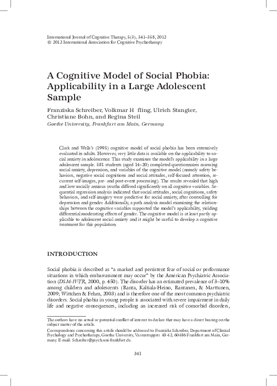 (PDF) A Cognitive Model of Social Phobia: Applicability in a Large ...