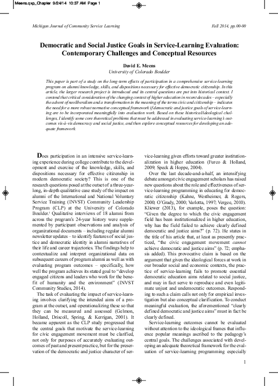 (PDF) Democratic and Social Justice Goals in Service-Learning ...