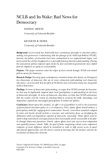 (PDF) NCLB and Its Wake: Bad News for Democracy