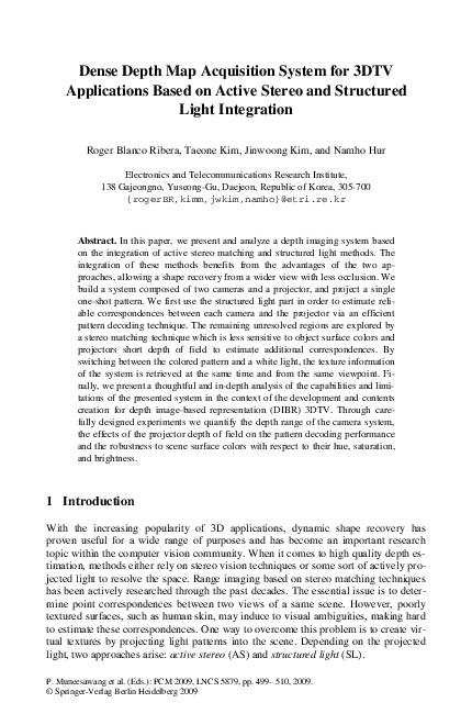 (PDF) Dense Depth Map Acquisition System for 3DTV Applications Based on Active Stereo and ...