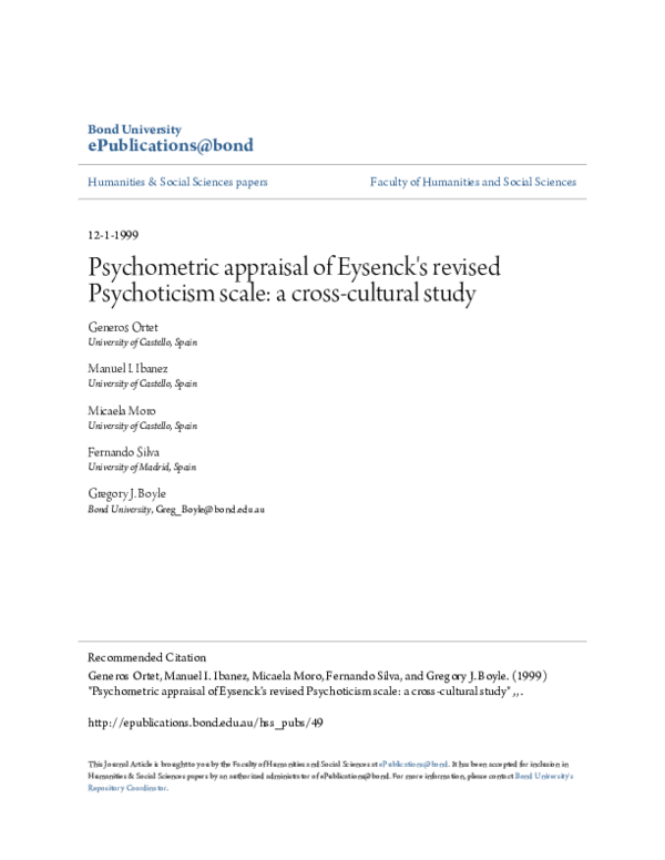 (PDF) Psychometric appraisal of Eysenck's revised Psychoticism scale: a ...
