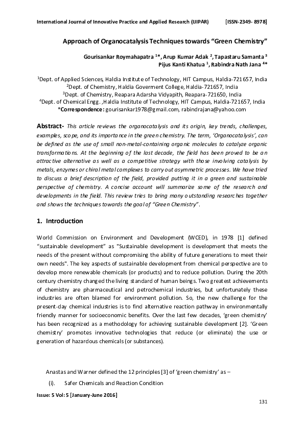 (PDF) Approach of Organocatalysis Techniques towards " Green Chemistry