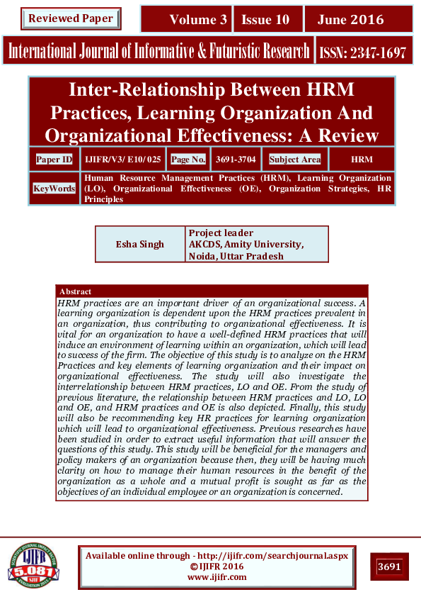 Pdf Inter Relationship Between Hrm Practices Learning Organization And Organizational