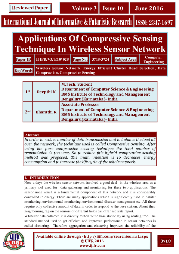 Pdf Applications Of Compressive Sensing Technique In Wireless Sensor Network Ijifr Journal