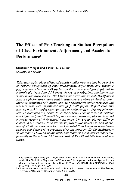 (PDF) The effects of peer-teaching on student perceptions of class environment, adjustment, and ...
