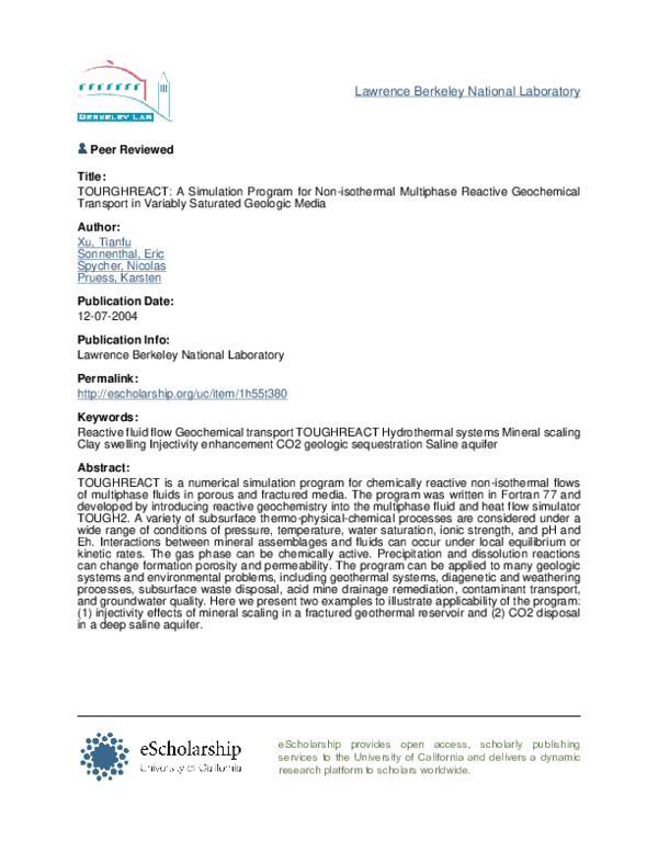 Pdf Toughreact—a Simulation Program For Non Isothermal Multiphase