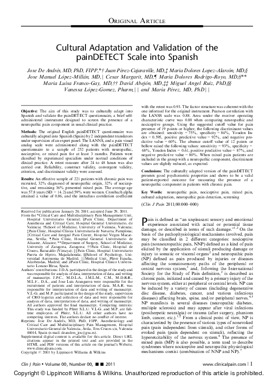 (PDF) Cultural Adaptation and Validation of the painDETECT Scale Into ...