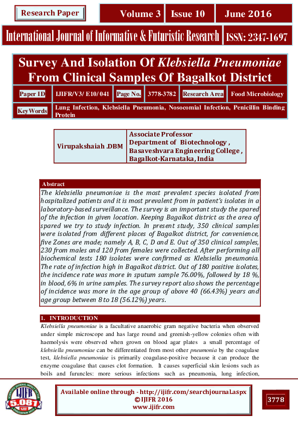 (PDF) Survey And Isolation Of Klebsiella Pneumoniae From Clinical ...