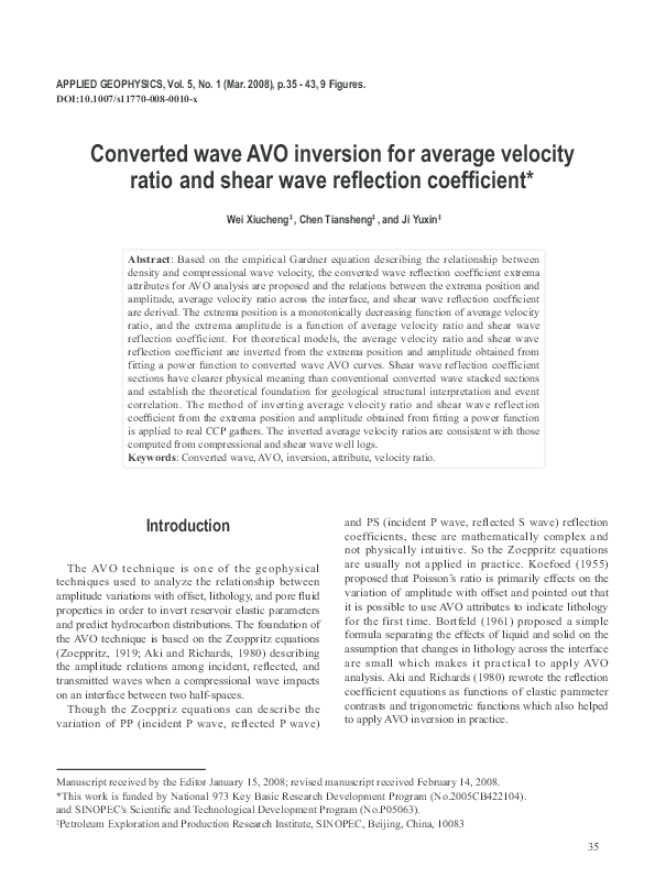 (PDF) Converted wave AVO inversion for average velocity ratio and shear wave reflection coefficient