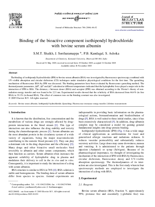 (PDF) Binding of the bioactive component isothipendyl hydrochloride ...