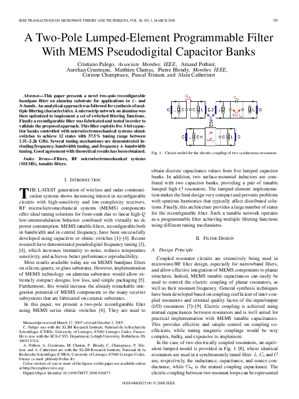(PDF) A Two-Pole Lumped-Element Programmable Filter With MEMS Pseudodigital Capacitor Banks
