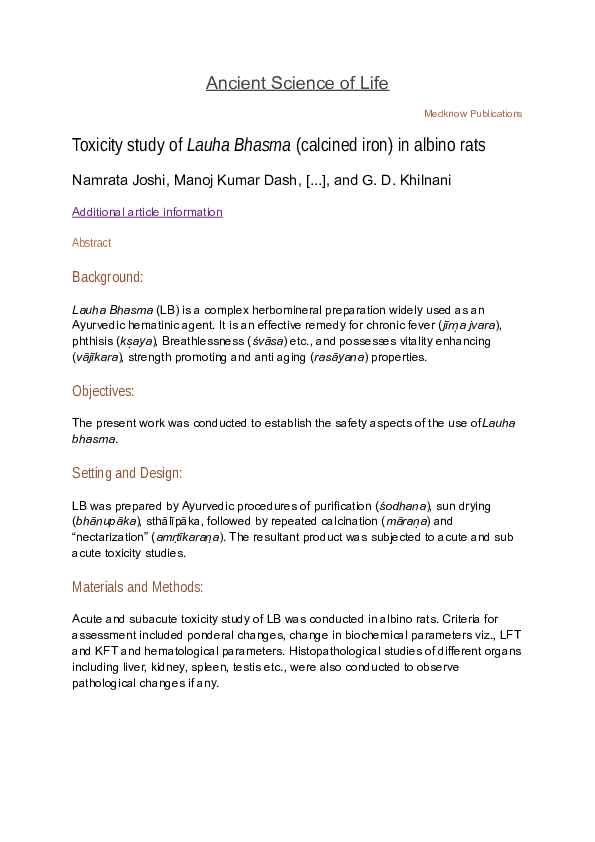 (DOC) Ancient Science of Life Toxicity study of Lauha Bhasma (calcined ...
