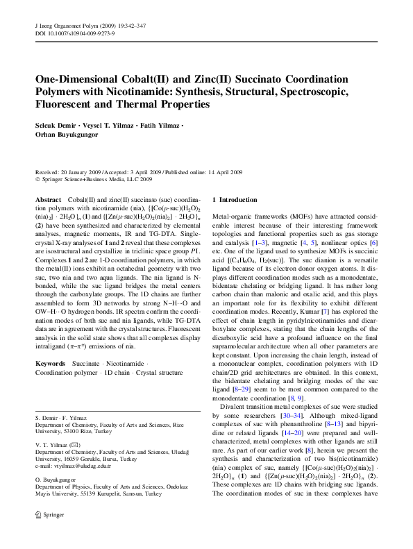 Pdf One Dimensional Cobalt Ii And Zinc Ii Succinato Coordination Polymers With Nicotinamide