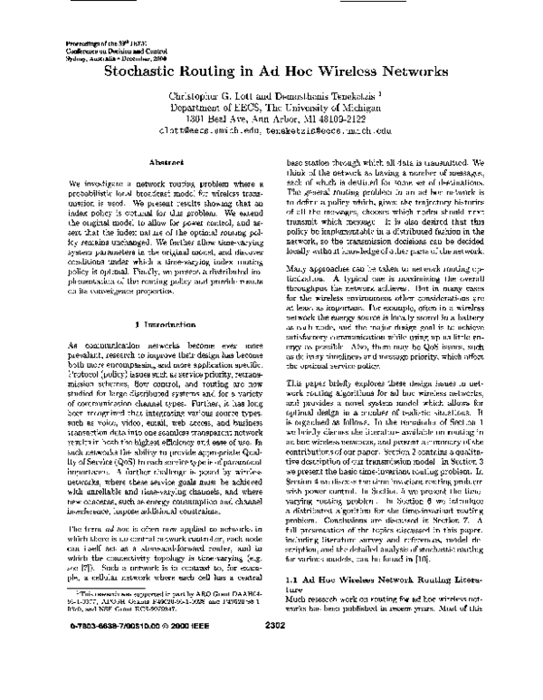 (PDF) Stochastic routing in ad hoc wireless networks