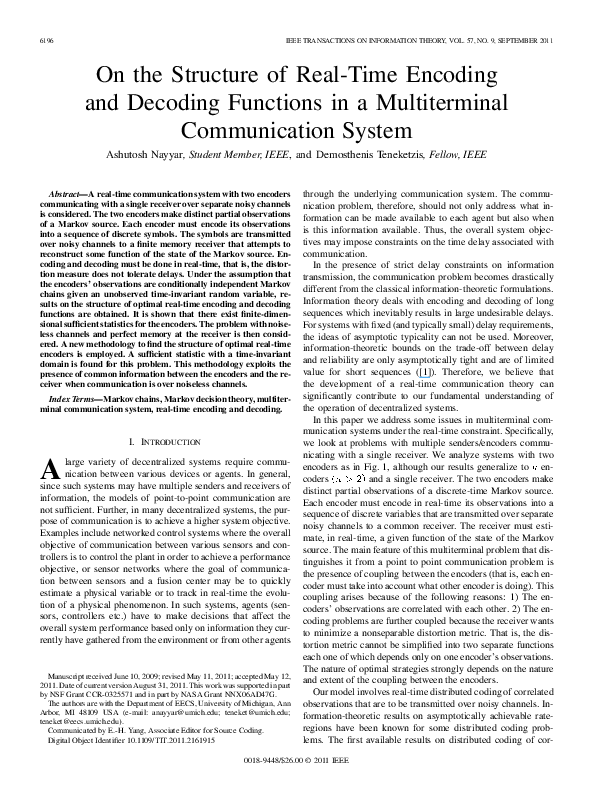 (PDF) On the Structure of Real-Time Encoding and Decoding Functions in a Multiterminal ...