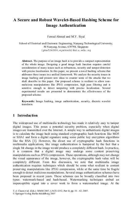 Pdf A Secure And Robust Wavelet Based Hashing Scheme For Image Authentication