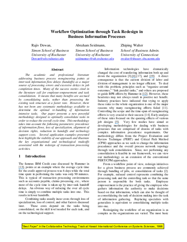 (PDF) Workflow optimization through task redesign in business ...