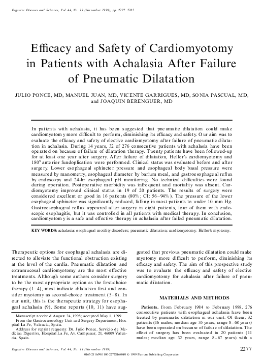 (PDF) Efficacy and Safety of Cardiomyotomy in Patients with Achalasia ...