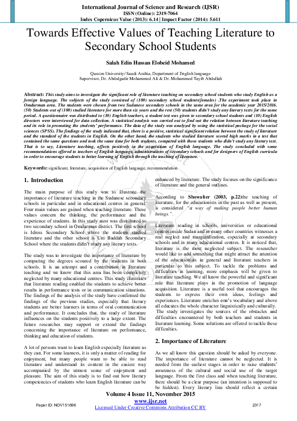 (PDF) Towards Effective Values of Teaching Literature to Secondary ...