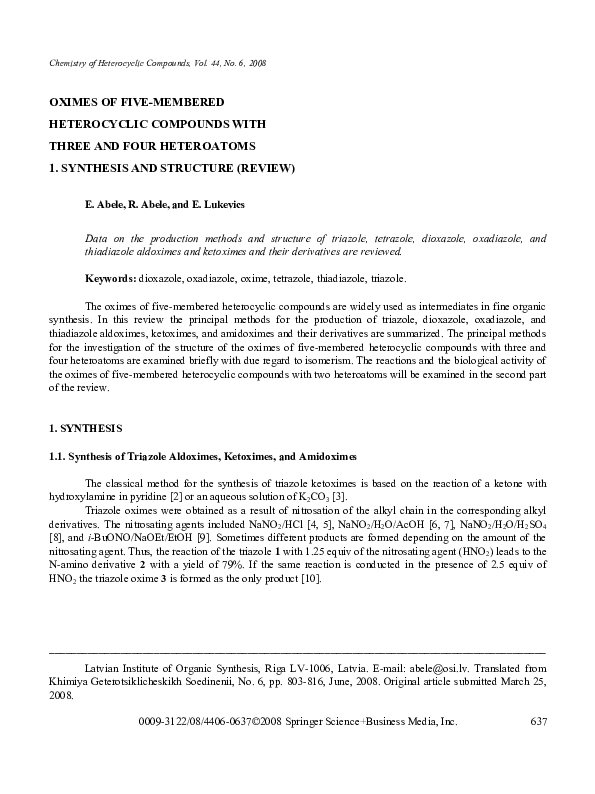 (PDF) Oximes of five-membered heterocyclic compounds with three and four heteroatoms 2 ...