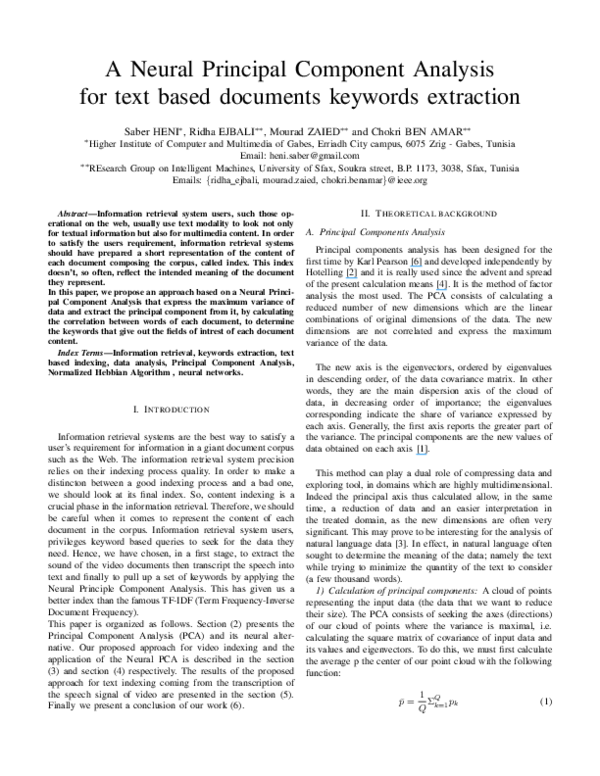 Pdf A Neural Principal Component Analysis For Text Based Documents Keywords Extraction