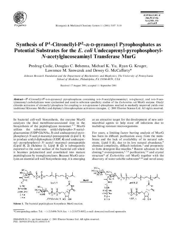 (PDF) Synthesis of P1-Citronellyl-P2-α-d-pyranosyl pyrophosphates as ...