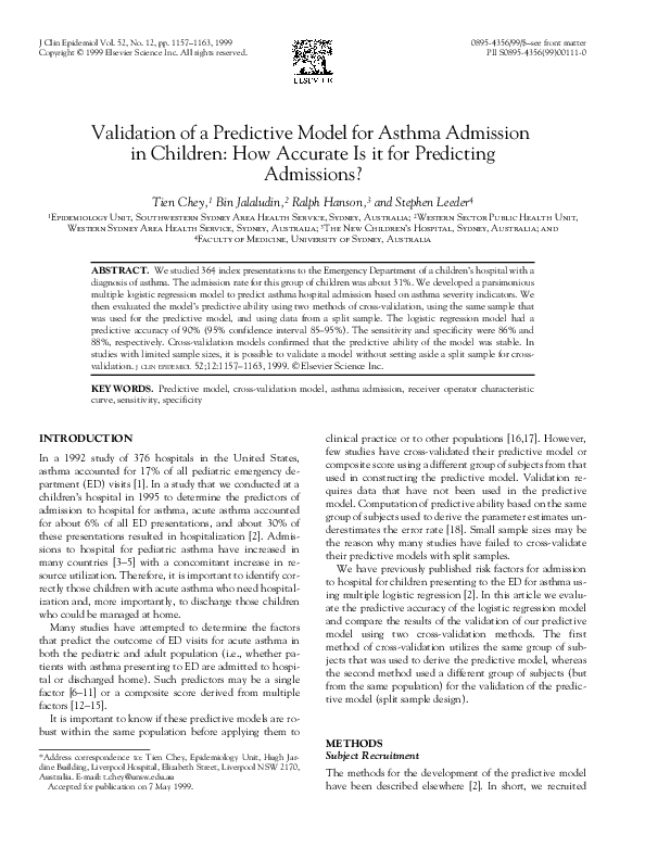 (PDF) Validation of a Predictive Model for Asthma Admission in Children