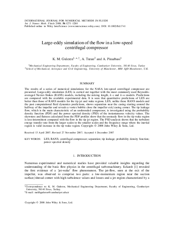 (PDF) Large-eddy simulation of the flow in a low-speed centrifugal compressor
