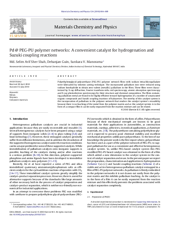 (PDF) Pd @ PEG-PU polymer networks: A convenient catalyst for hydrogenation and Suzuki coupling ...