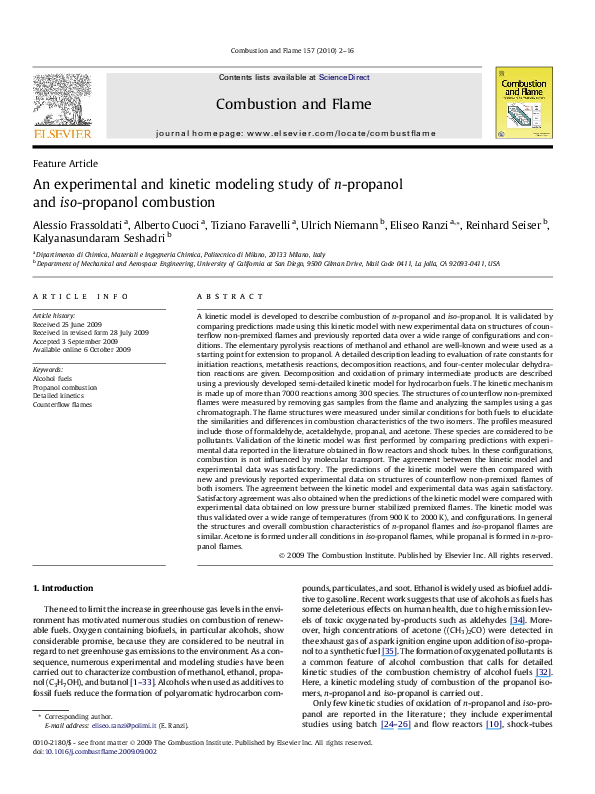 (PDF) An experimental and kinetic modeling study of n-propanol and iso-propanol combustion