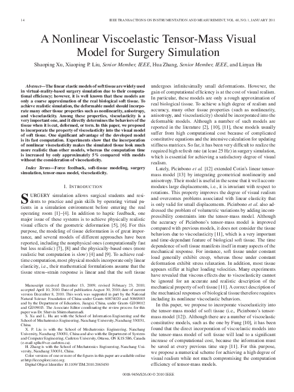 (PDF) A Nonlinear Viscoelastic Tensor-Mass Visual Model for Surgery Simulation