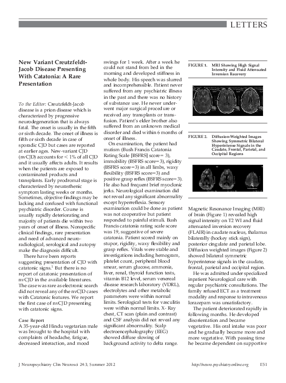 (PDF) New variant Creutzfeldt-Jacob disease presenting with catatonia ...