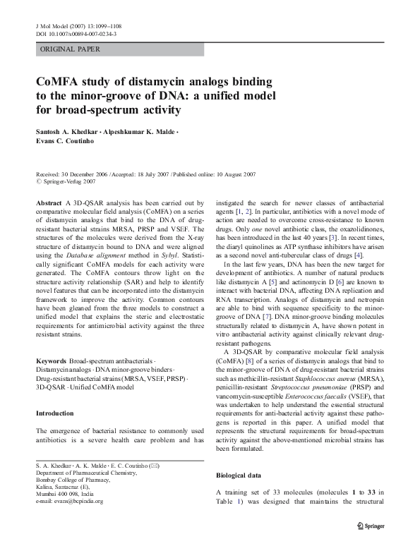 (PDF) CoMFA study of distamycin analogs binding to the minor-groove of ...