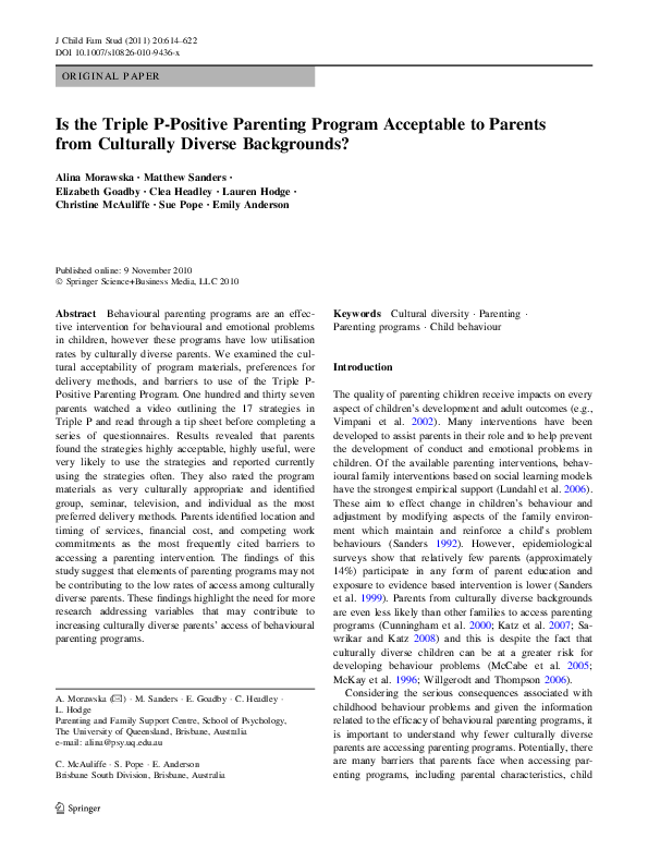 (PDF) Is the Triple P-Positive Parenting Program Acceptable to Parents ...
