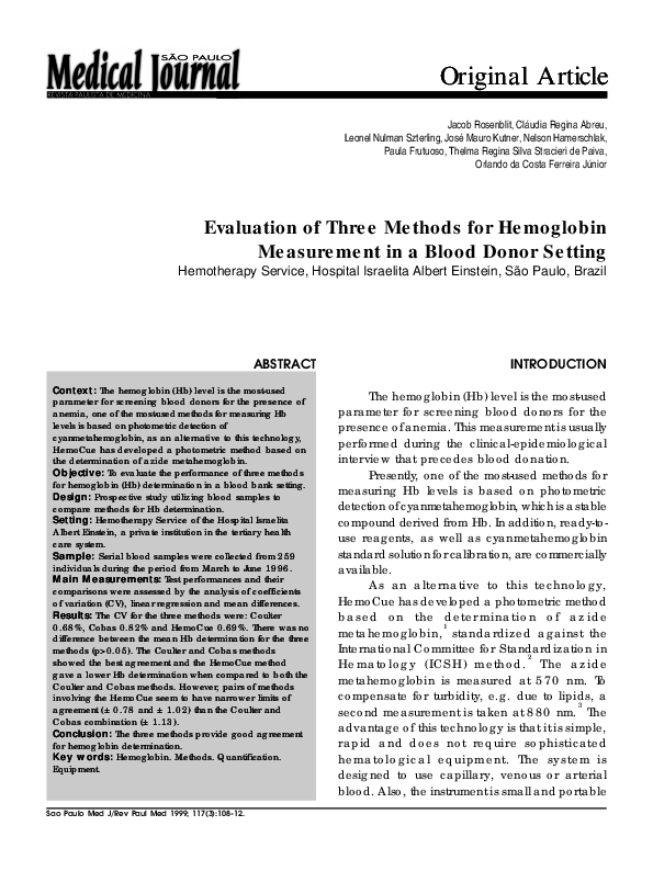 (PDF) Evaluation of three methods for hemoglobin measurement in a blood ...