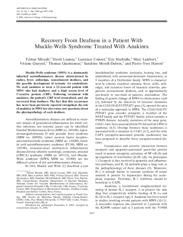 (PDF) Recovery from deafness in a patient with Muckle-Wells syndrome ...