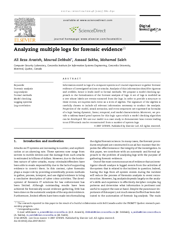(PDF) Analyzing multiple logs for forensic evidence