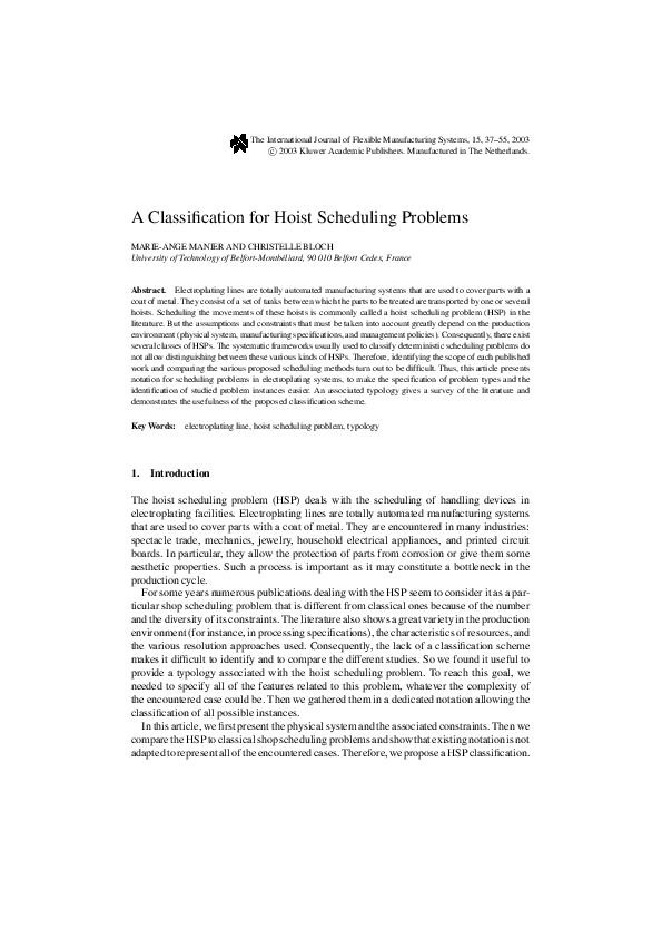 Pdf A Classification For Hoist Scheduling Problems
