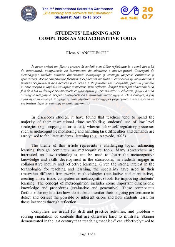 (PDF) STUDENTS'LEARNING AND COMPUTERS AS METACOGNITIVE TOOLS