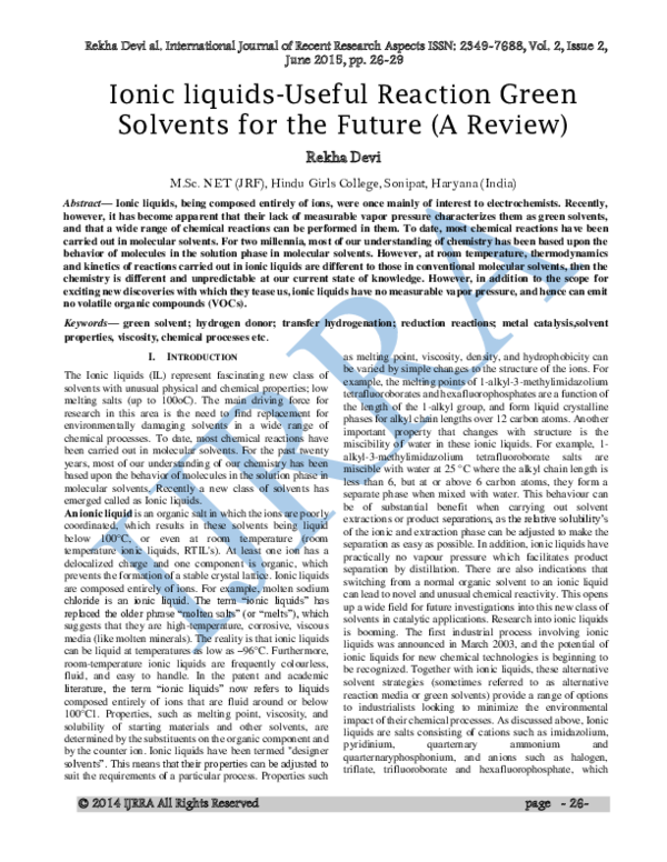 (PDF) Ionic liquids-Useful Reaction Green Solvents for the Future (A Review
