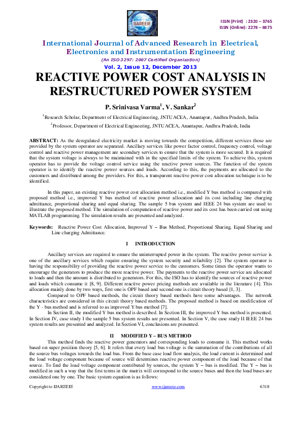 (PDF) REACTIVE POWER COST ANALYSIS IN RESTRUCTURED POWER SYSTEM