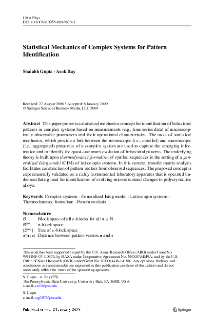 (PDF) Statistical Mechanics of Complex Systems for Pattern Identification