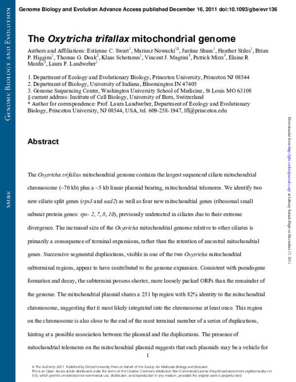 (PDF) The Oxytricha trifallax mitochondrial genome