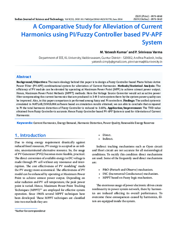 (PDF) A Comparative Study for Alleviation of Current Harmonics using PI-Fuzzy Controller based ...