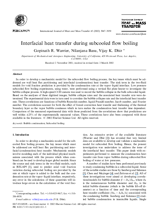 (PDF) Interfacial heat transfer during subcooled flow boiling