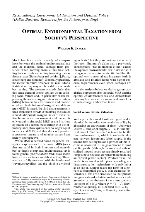 (PDF) Optimal Environmental Taxation from Society's Perspective