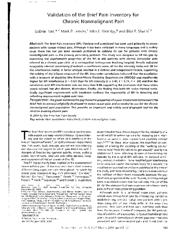(PDF) Validation of the brief pain inventory for chronic nonmalignant pain