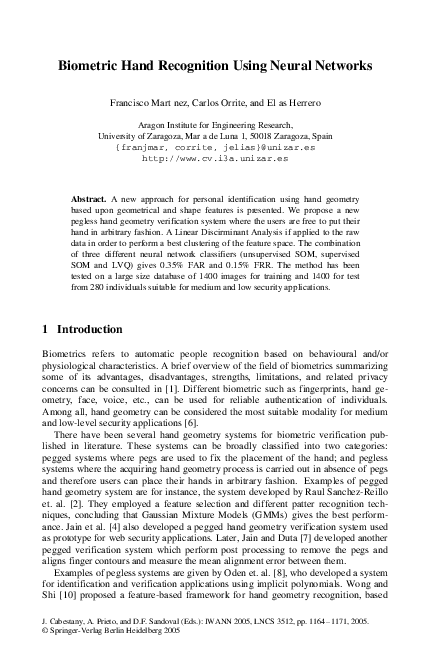 (PDF) Biometric Hand Recognition Using Neural Networks