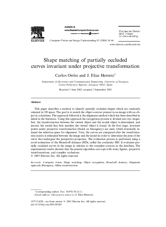 (PDF) Shape matching of partially occluded curves invariant under projective transformation